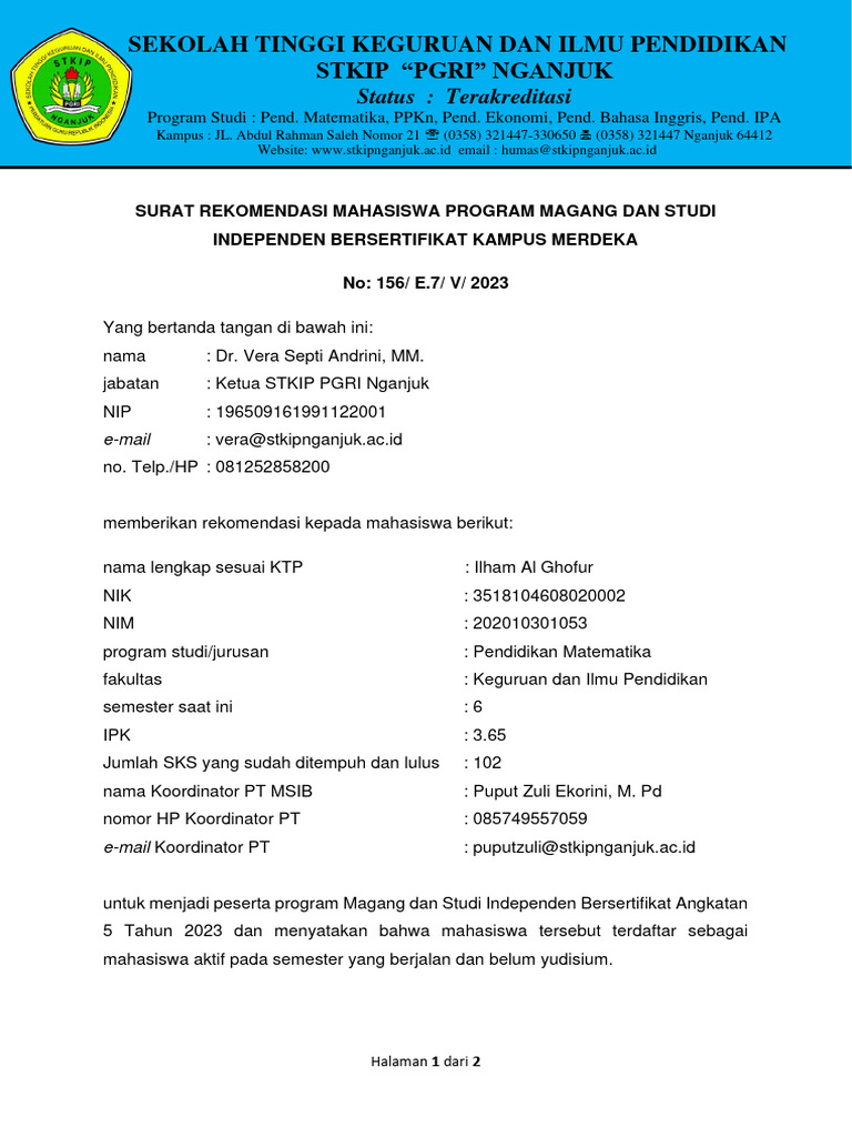 Surat Rekom Msib 5 Fix | PDF