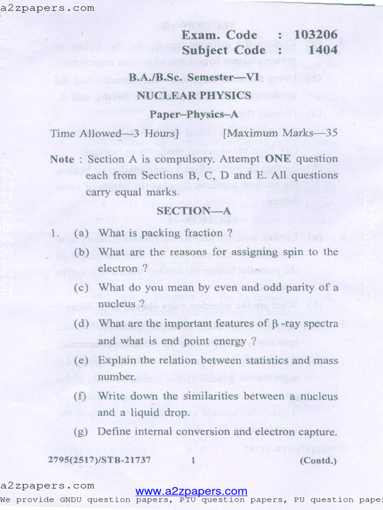 Phy A Ba - BSC Sem6 2017 | PDF | Neutron | Nuclear Reaction