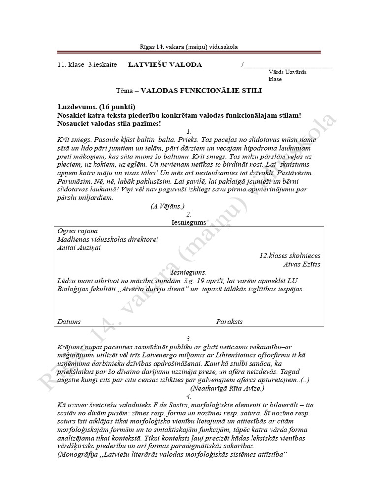 Klase 3.ieskaite LATVIEŠU VALODA / - Tēma - Valodas Funkcionālie Stili | PDF