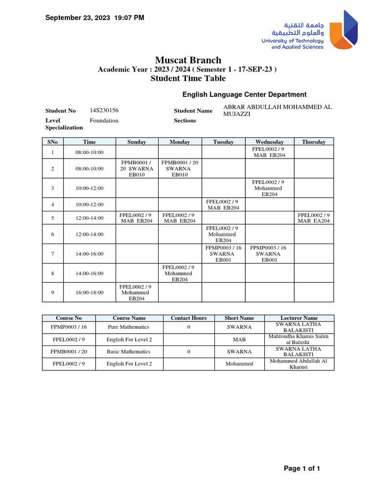 Muscat Branch: Student Time Table | PDF