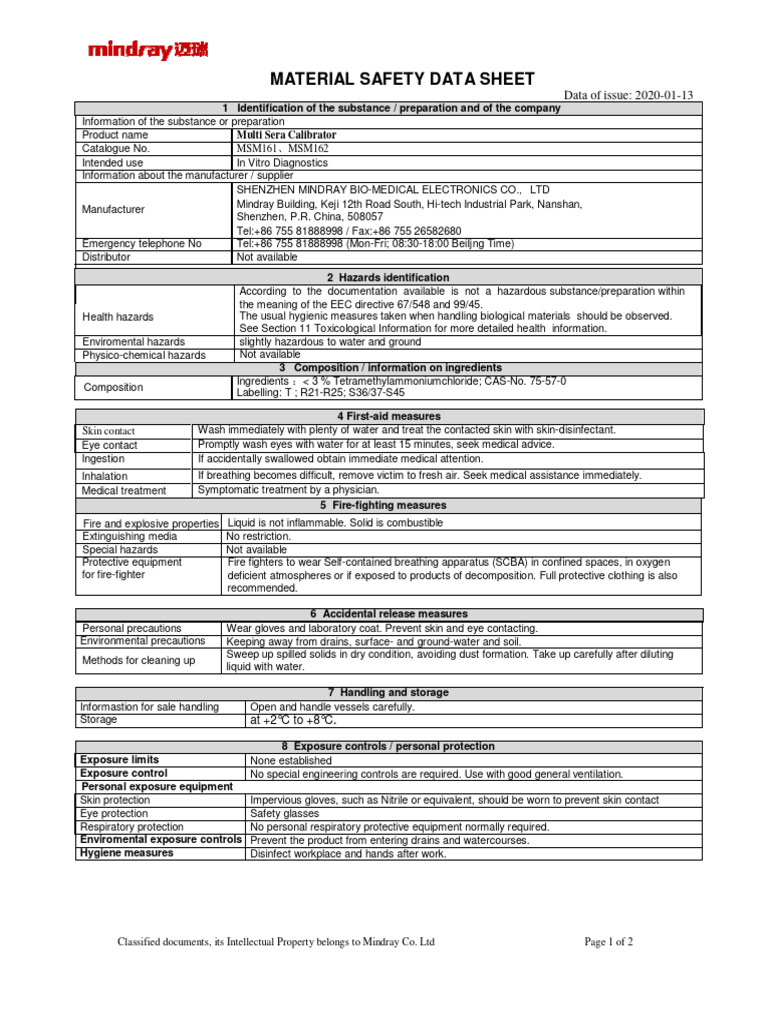 MSDS Multi Sera Calibrator | PDF