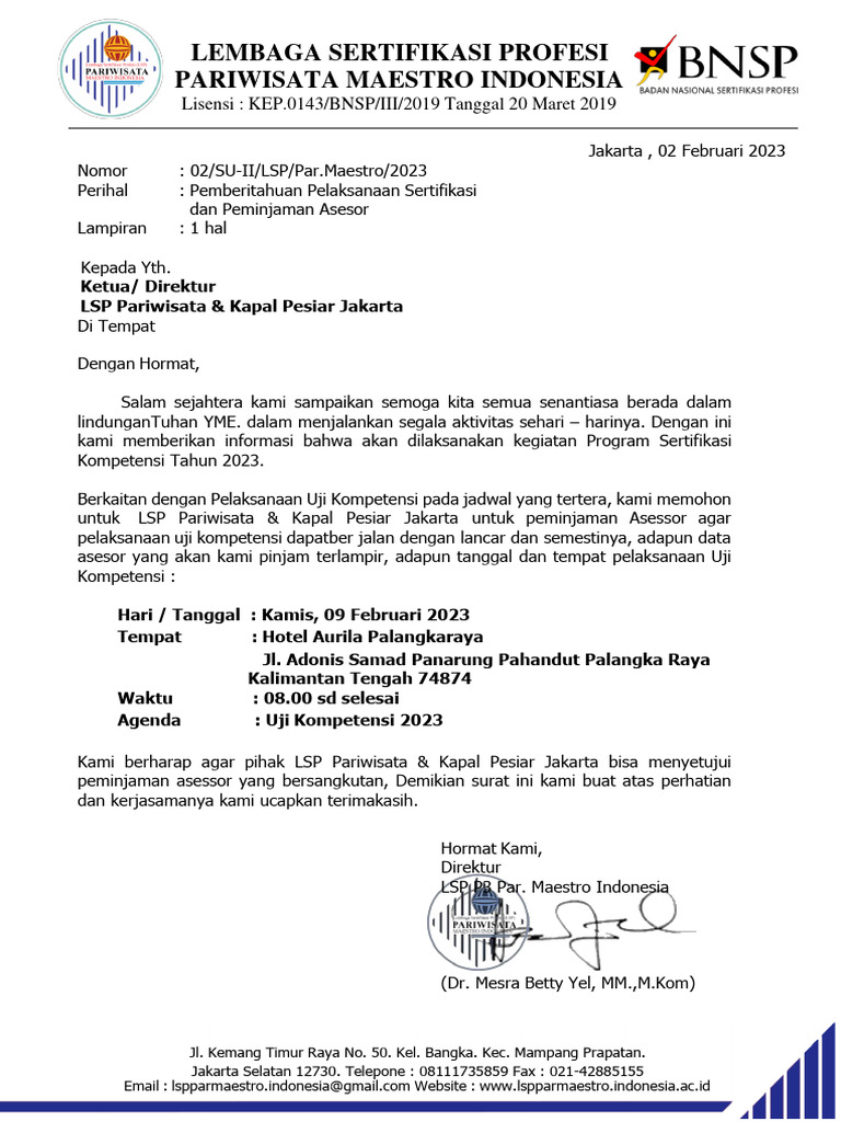Surat Peminjaman Asesor LSP Kapal Pesiar Jakarta 020223 | PDF