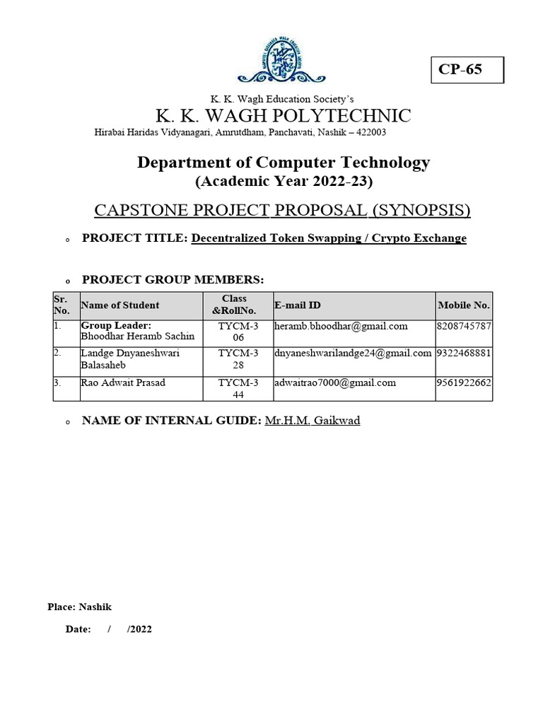 Sample Synopsis - Decentralized Token Swapping | PDF | Cryptocurrency | Computer Engineering