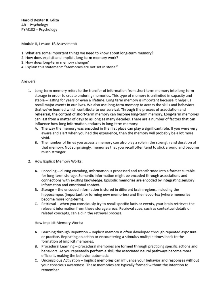 Ediza, HaroldDexterR PYM102 Module II Lesson 1B | PDF | Memory | Long Term Memory