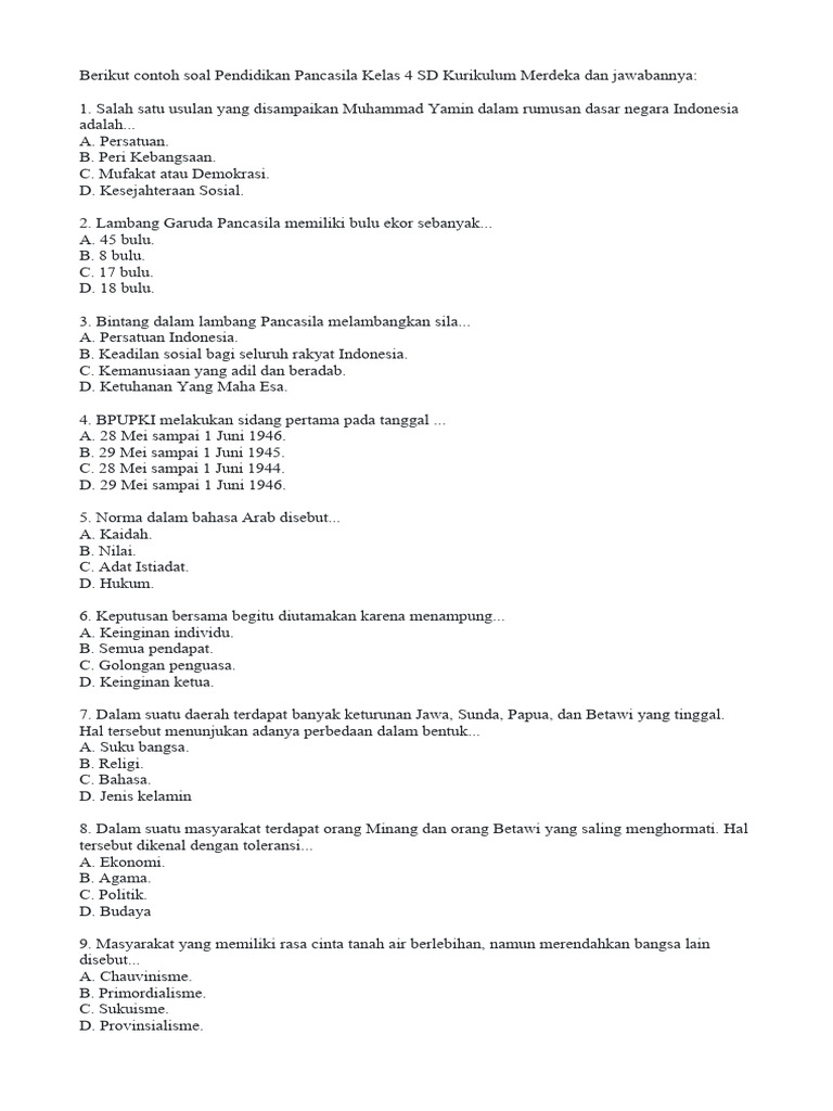 Soal Pts Pendidikan Pancasila Kelas 4 Semester 2 Kurikulum Merdeka T A - EmriDev