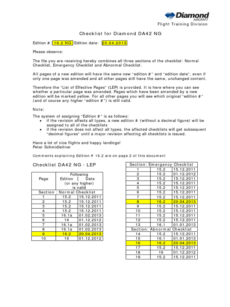 DA42 NG Checklist Edition 16.2 | PDF | Aircraft Flight Control System ...