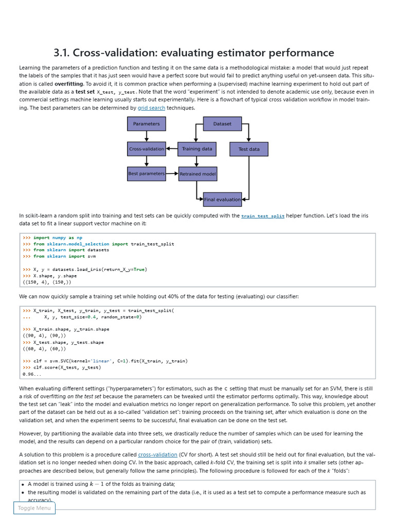 3.1. Cross-Validation - Evaluating Estimator Performance - Scikit-Learn 1.3.0 Documentation | PDF