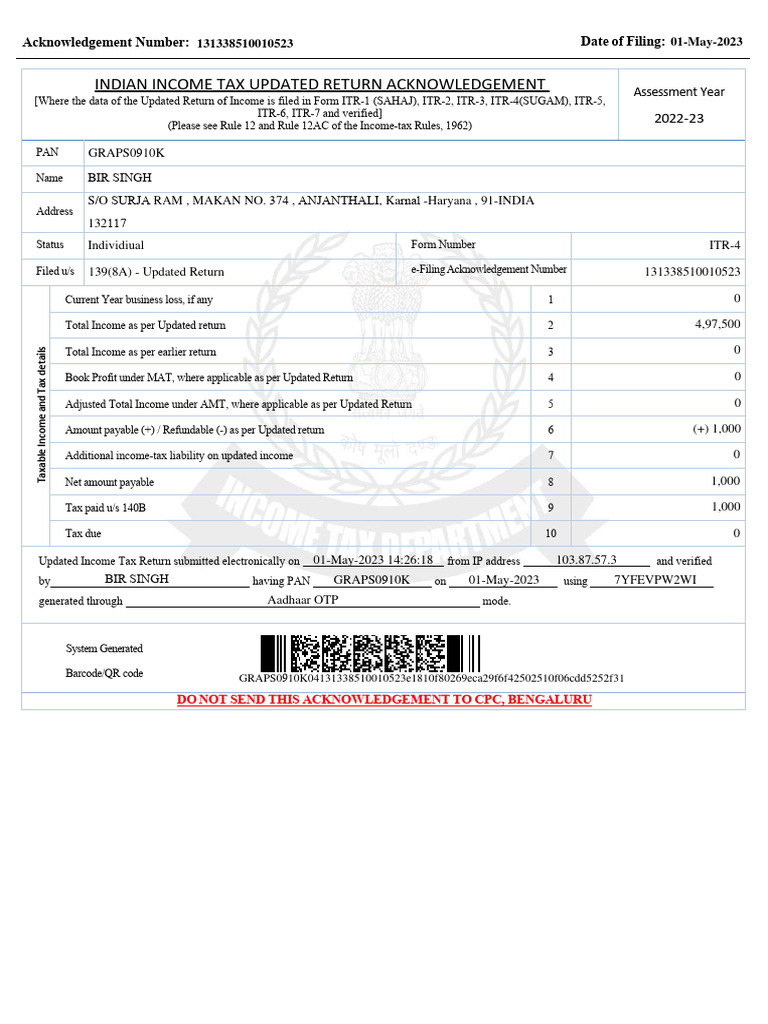 Dilbagh Singh Itr 2022-2023 - Unlocked | PDF | Taxation | Personal Finance