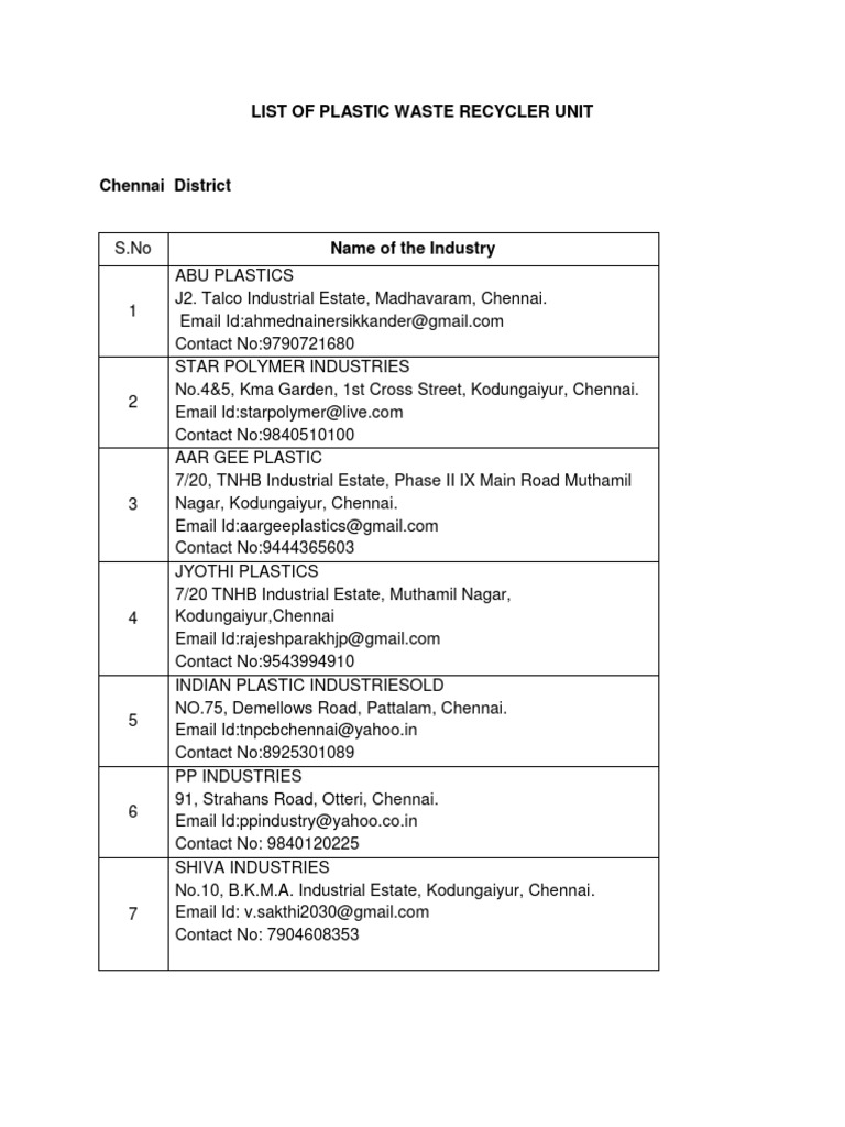 Plastic Waste Recycler List - Chennai | PDF
