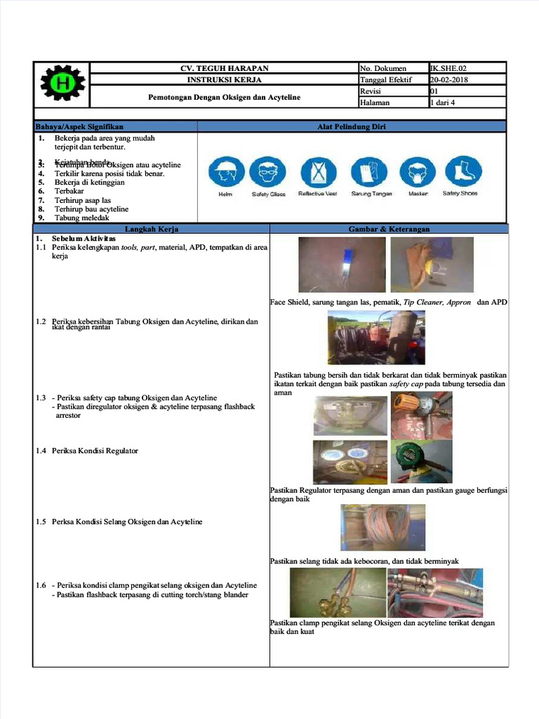 Intruksi Kerja Pemotongan Menggunakan Oxigen Amp Acyteline Dl | PDF
