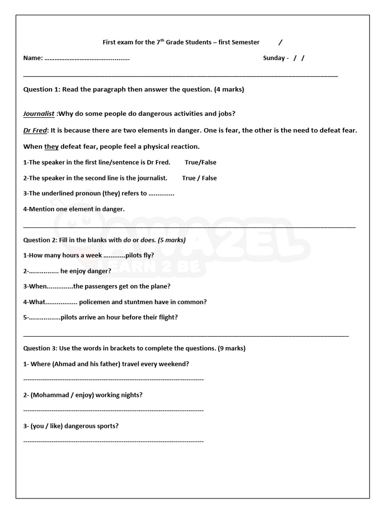 7th Grade First Semester Exam Questions | PDF