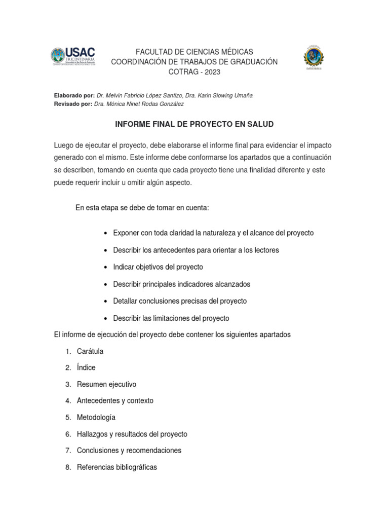 Guía para Elaboración de Informe Final de Proyecto de Salud 2023 | PDF ...