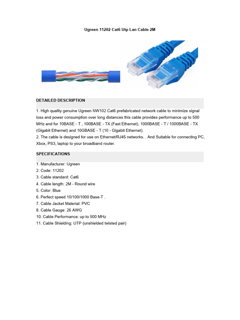 Ugreen Cat6 UTP Cable Specifications | PDF | Computers
