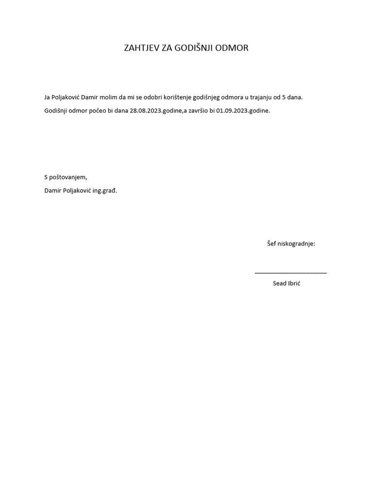 Zahtjev Za Godišnji Odmor | PDF