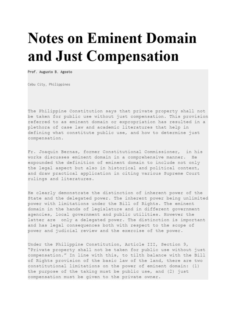 Eminent Domain and Just Compensation in the Philippines | PDF | Law