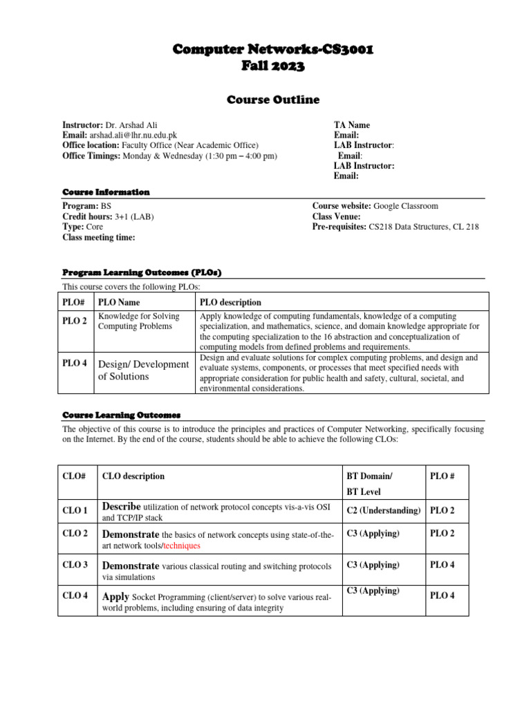 CN Course Outline | PDF | Computer Network | Transmission Control Protocol