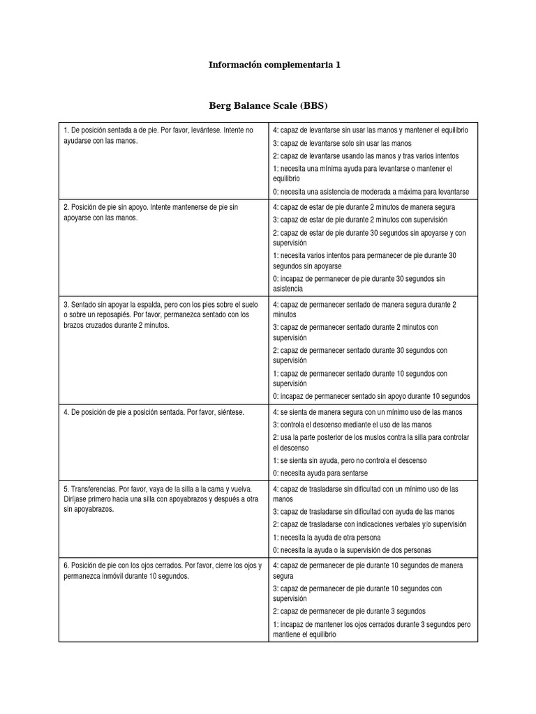 Berg Balance Scale (BBS) - Adultos | PDF