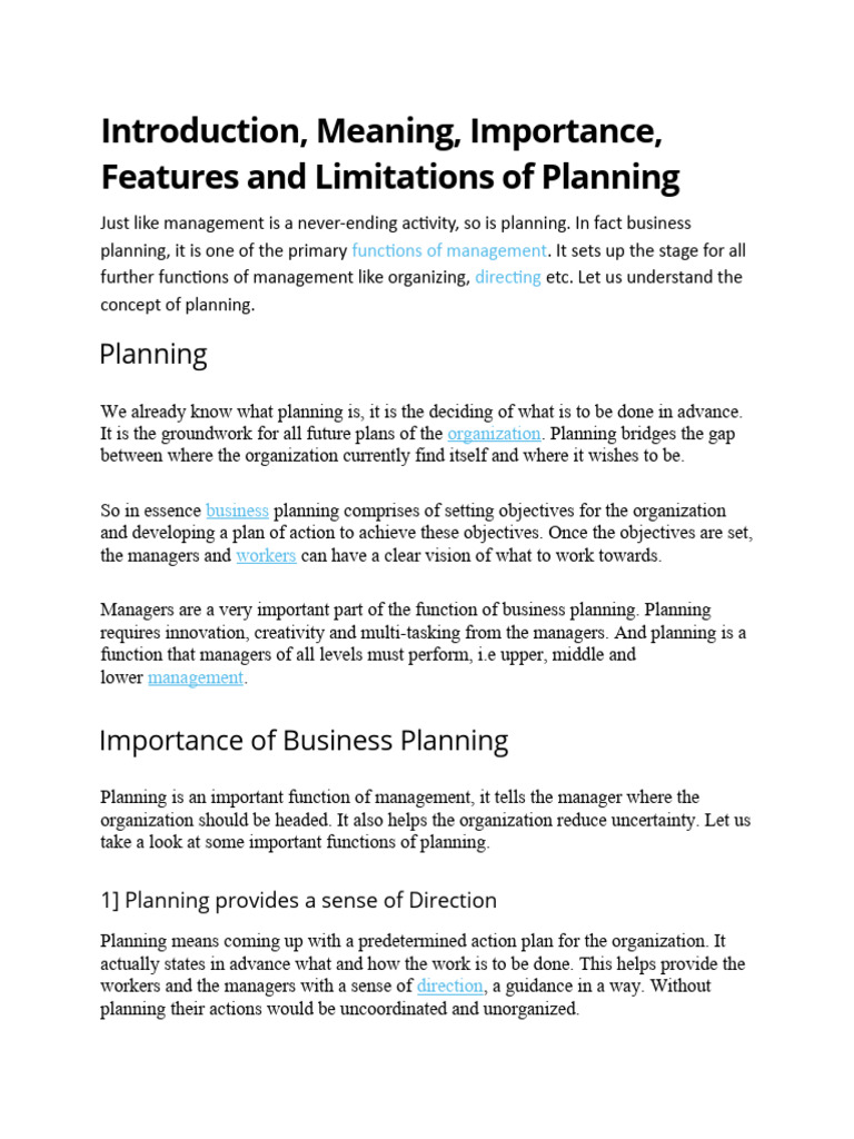 Introduction, Meaning, Importance, Features and Limitations of Planning | PDF