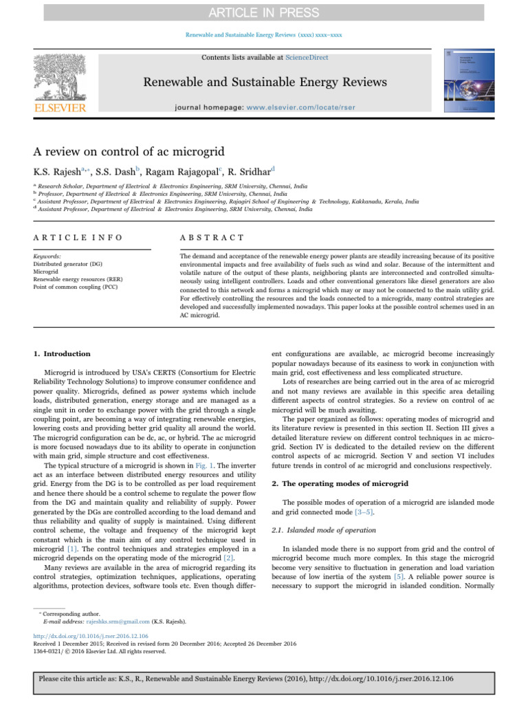 Renewable and Sustainable Energy Reviews: K.S. Rajesh, S.S. Dash, Ragam Rajagopal, R. Sridhar | PDF
