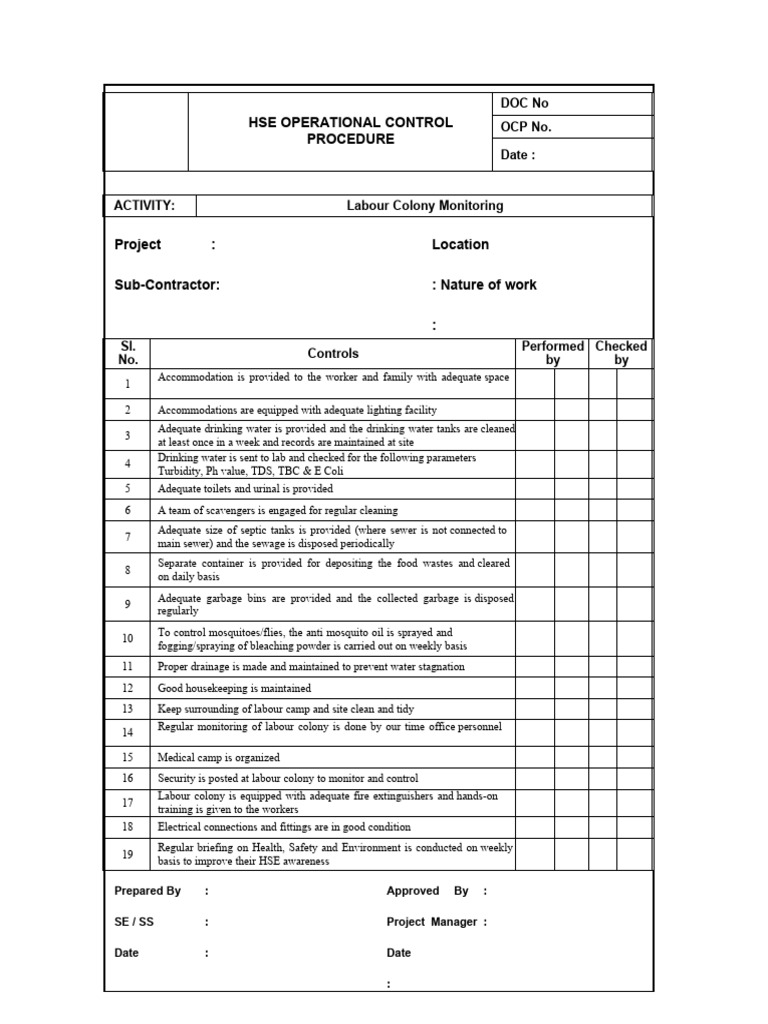 HSE Operational Control Procedure For Labour Colony Monitoring | PDF ...