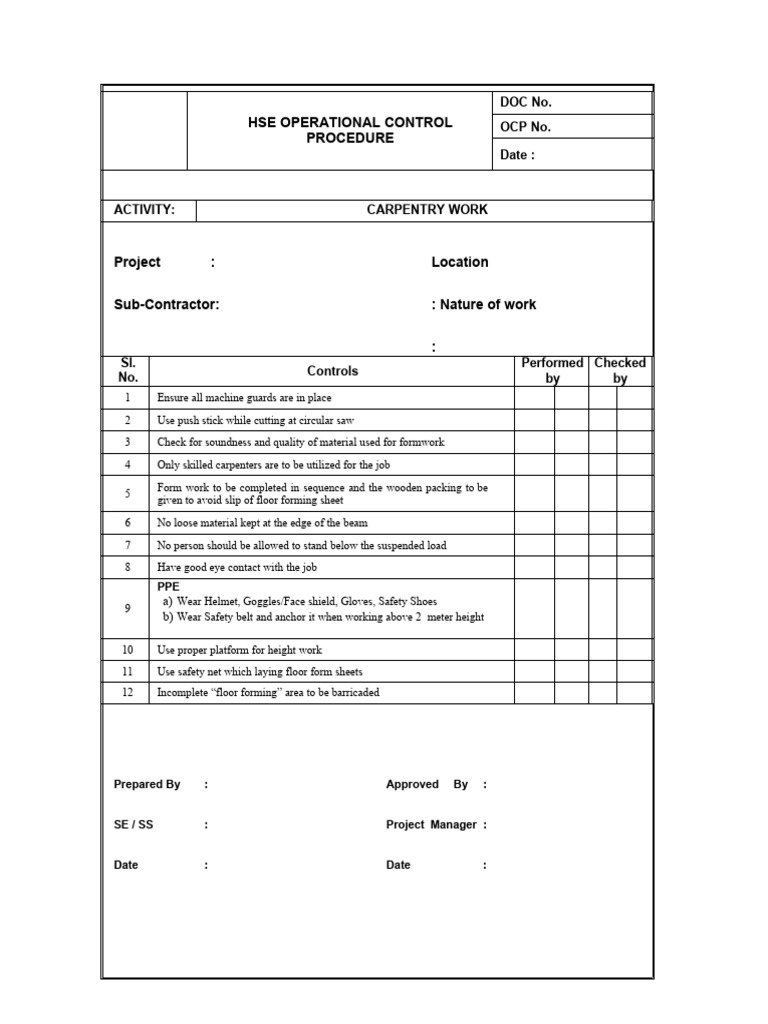 HSE Operational Control Procedure For Carpentry Work | PDF | Technology ...