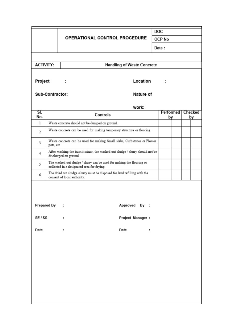 Operational Control Procedure Handling of Waste Concrete | PDF
