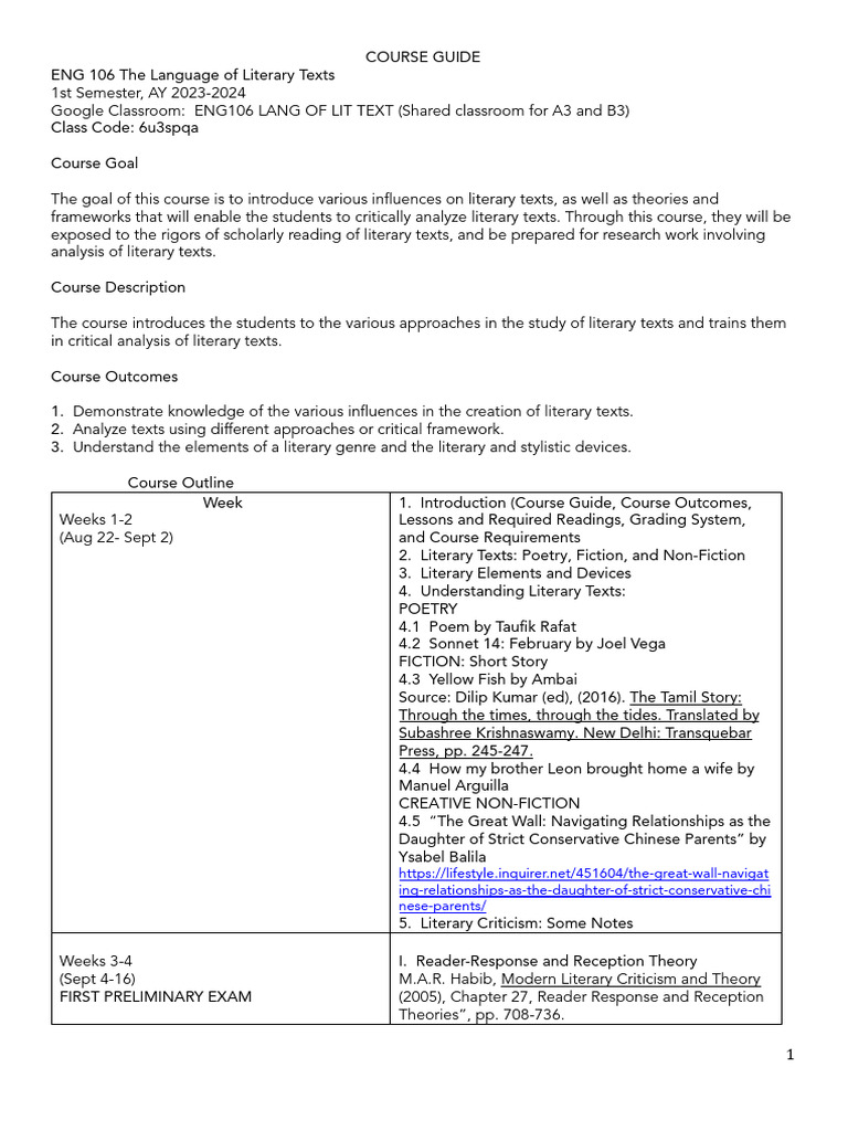 ENG106.COURSE GUIDE - The Language of Literary Texts | PDF