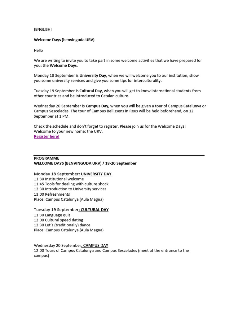 Programa Welcome Days 2023-24 | PDF