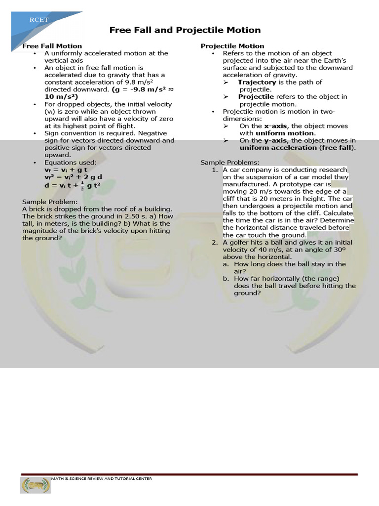 3a. RCET Free Fall and Projectile Motion | PDF