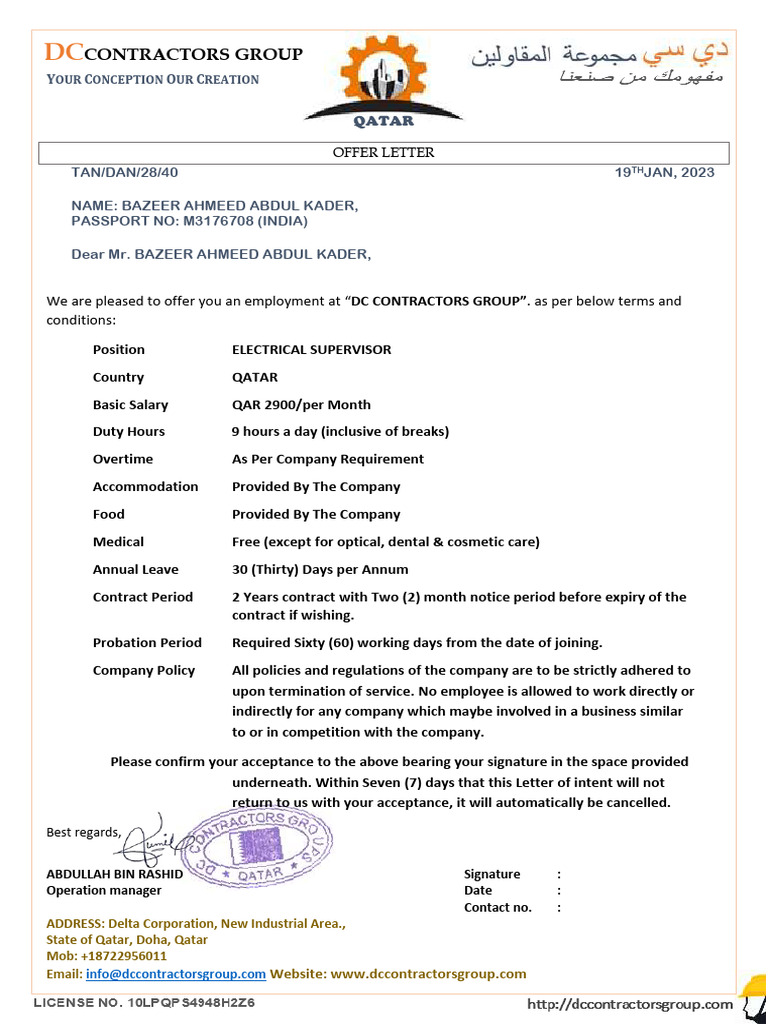 Qatar Job Offer for Electrical Supervisor | PDF | Business | Technology ...