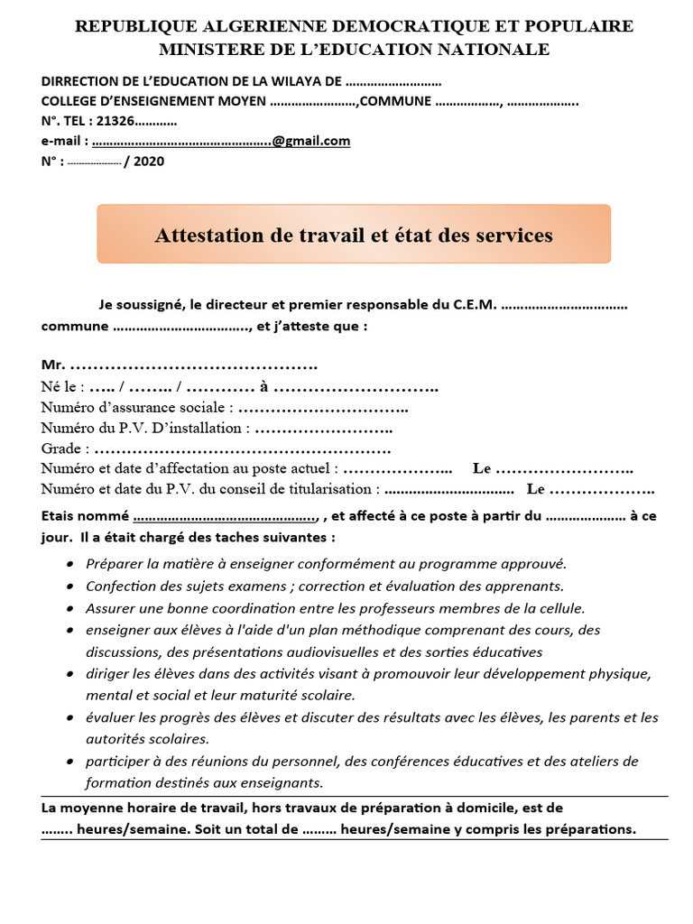 Attestation de Travail Et État Des Services Standard | PDF