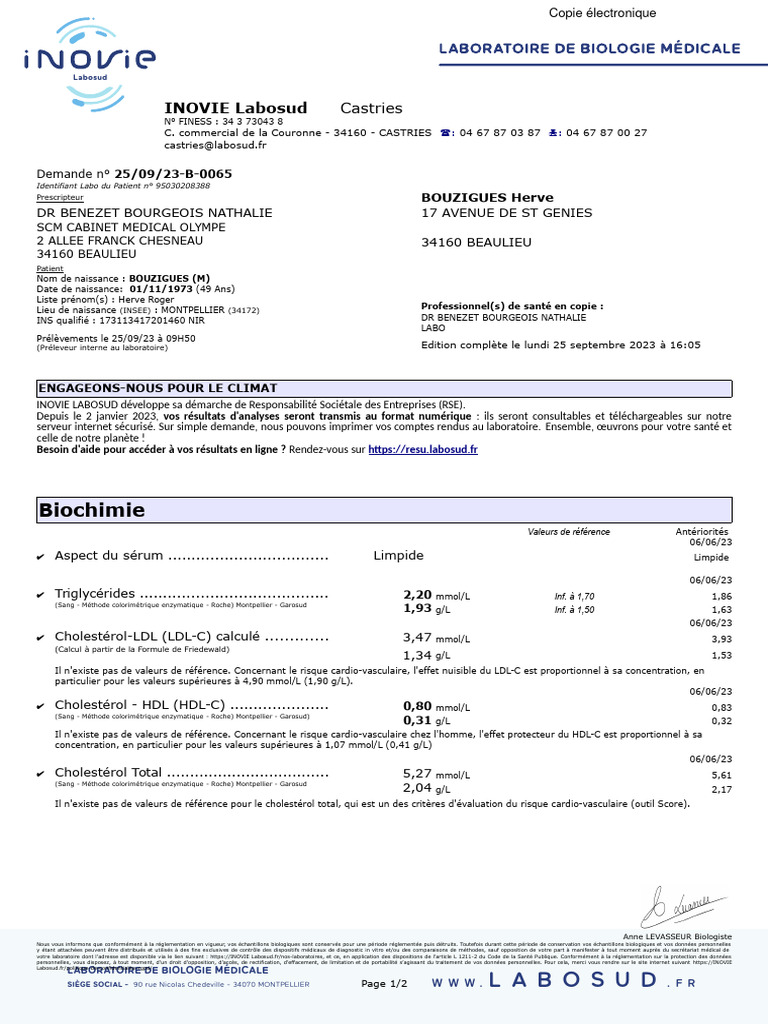 INOVIE Labosud Castries: Biochimie | PDF