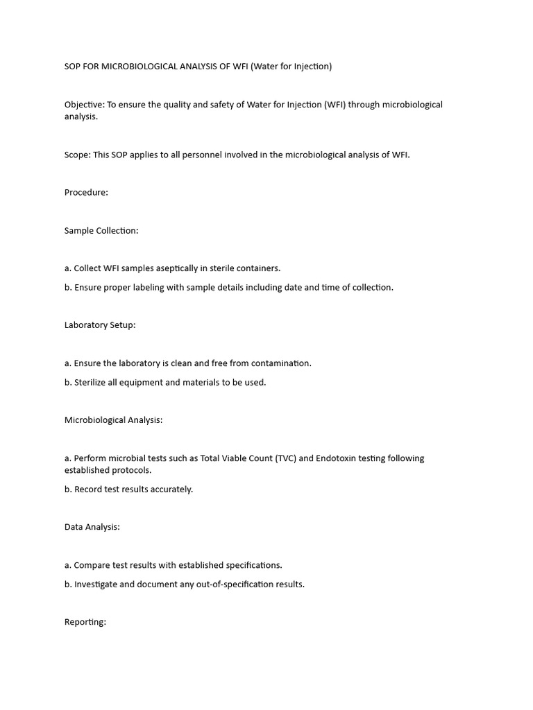 SOP FOR MICROBIOLOGICAL ANALYSIS OF WFI (Water For Injection) | PDF