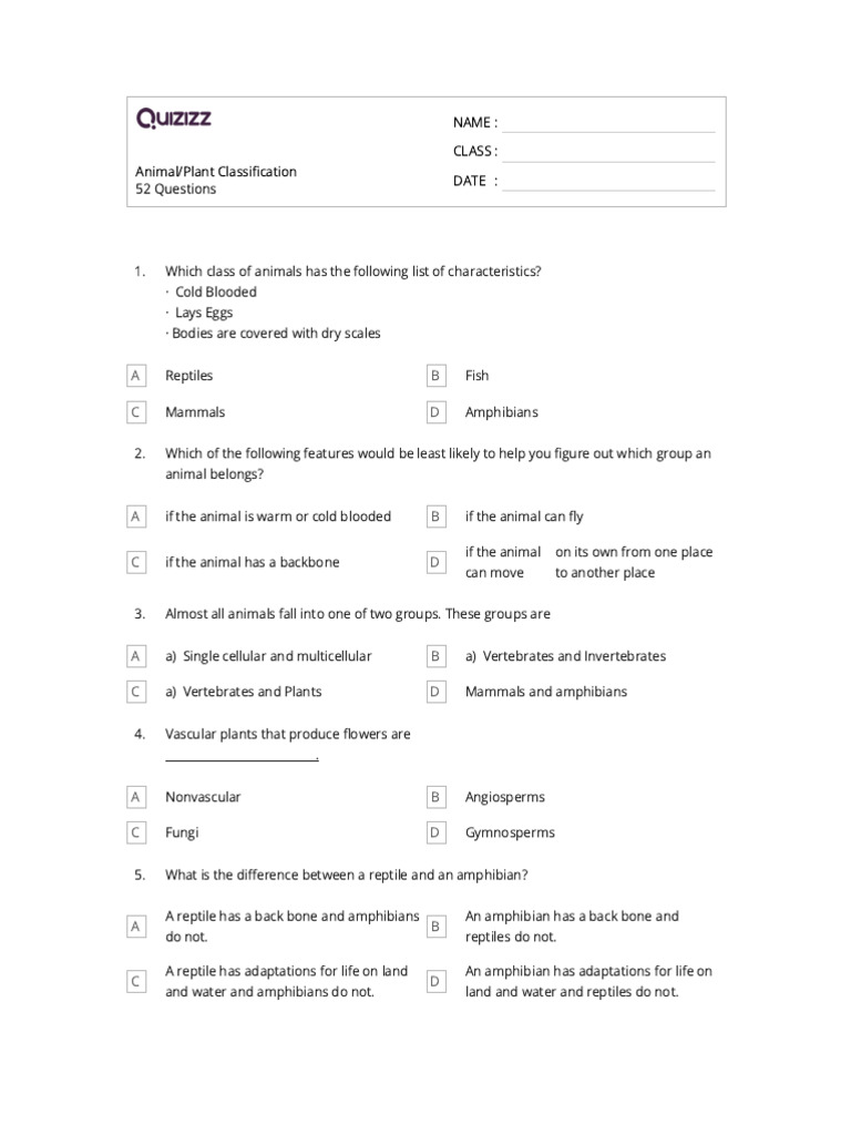 Animal - Plant Classification MCQ | PDF | Plants | Plant Stem