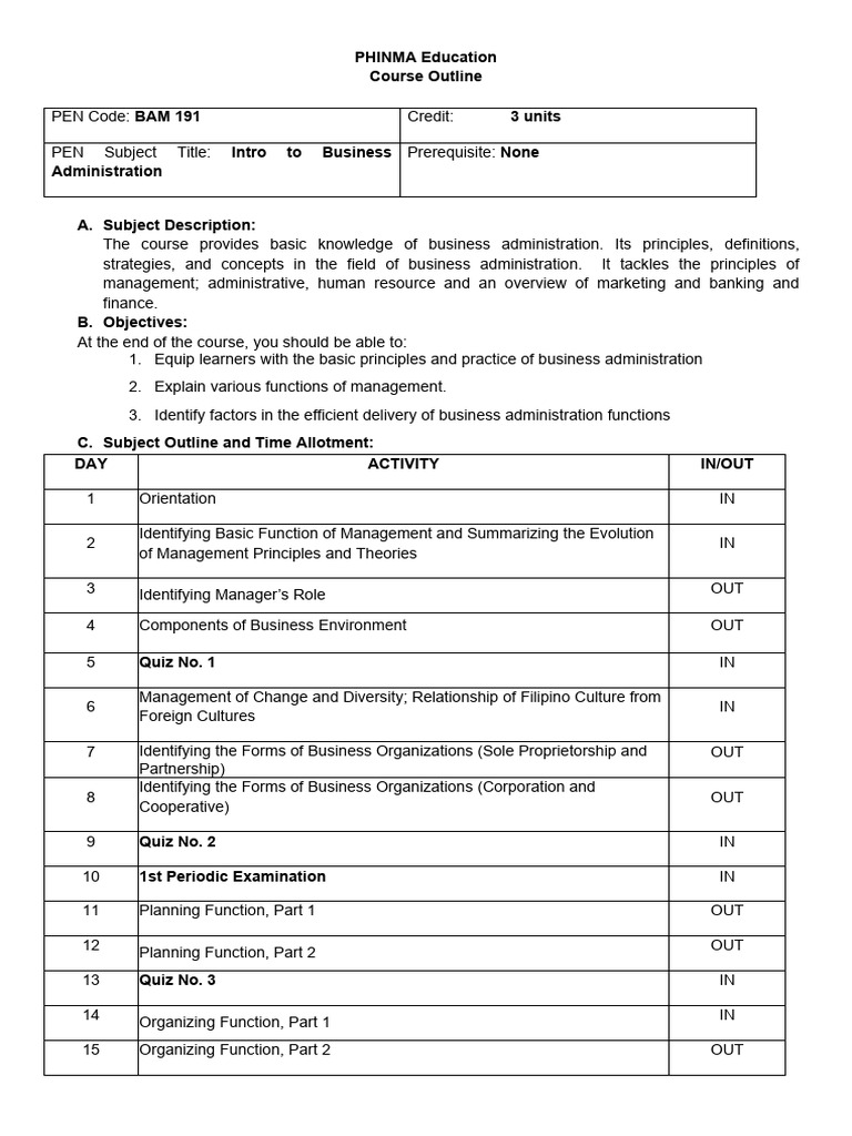 FLM BAM 191 Course Outline | PDF | Business | Economies