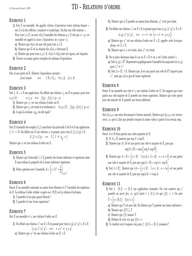 Exercices - Relations D'ordre | PDF | Inclusion (mathématiques ...