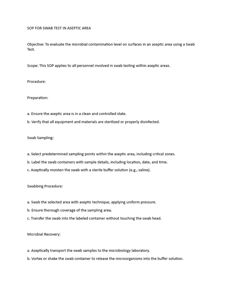 Sop For Swab Test in Aseptic Area | PDF | Home & Garden | Science ...
