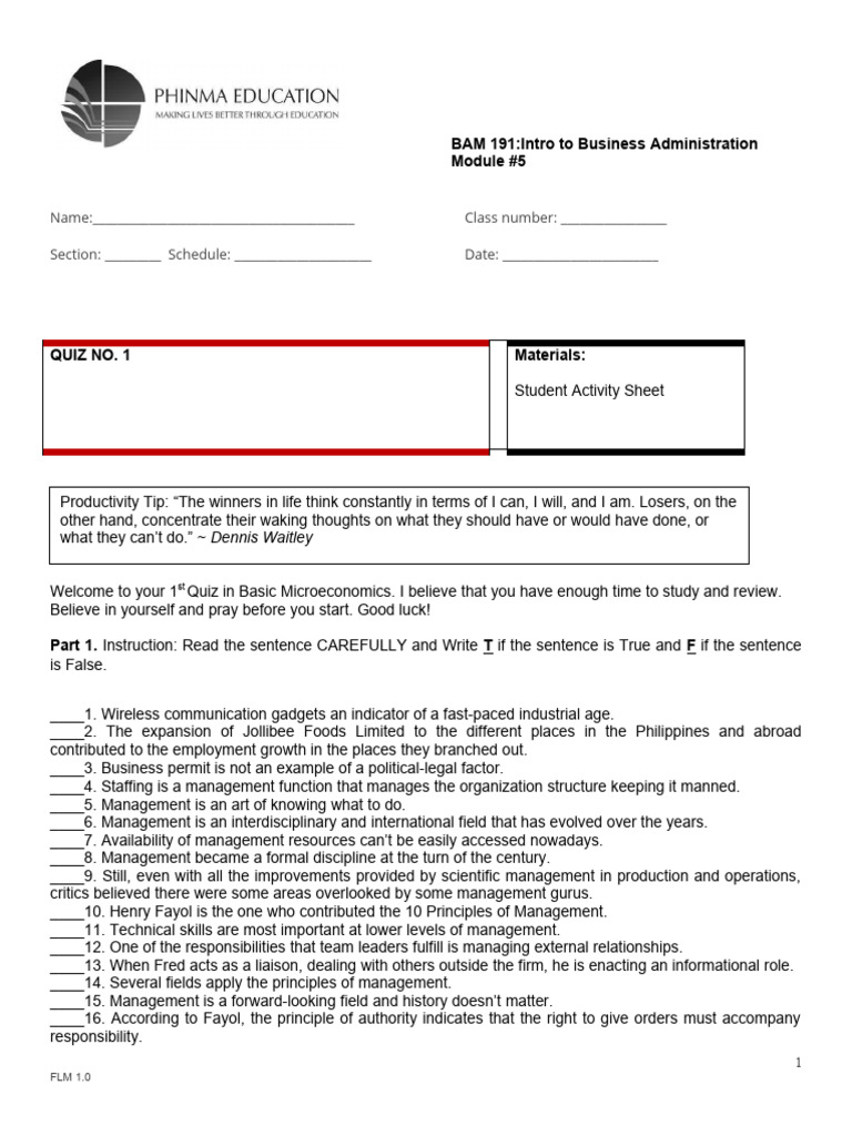 Sas#5-Bam 191 Quiz 1 | PDF | Ecology | Human Resources