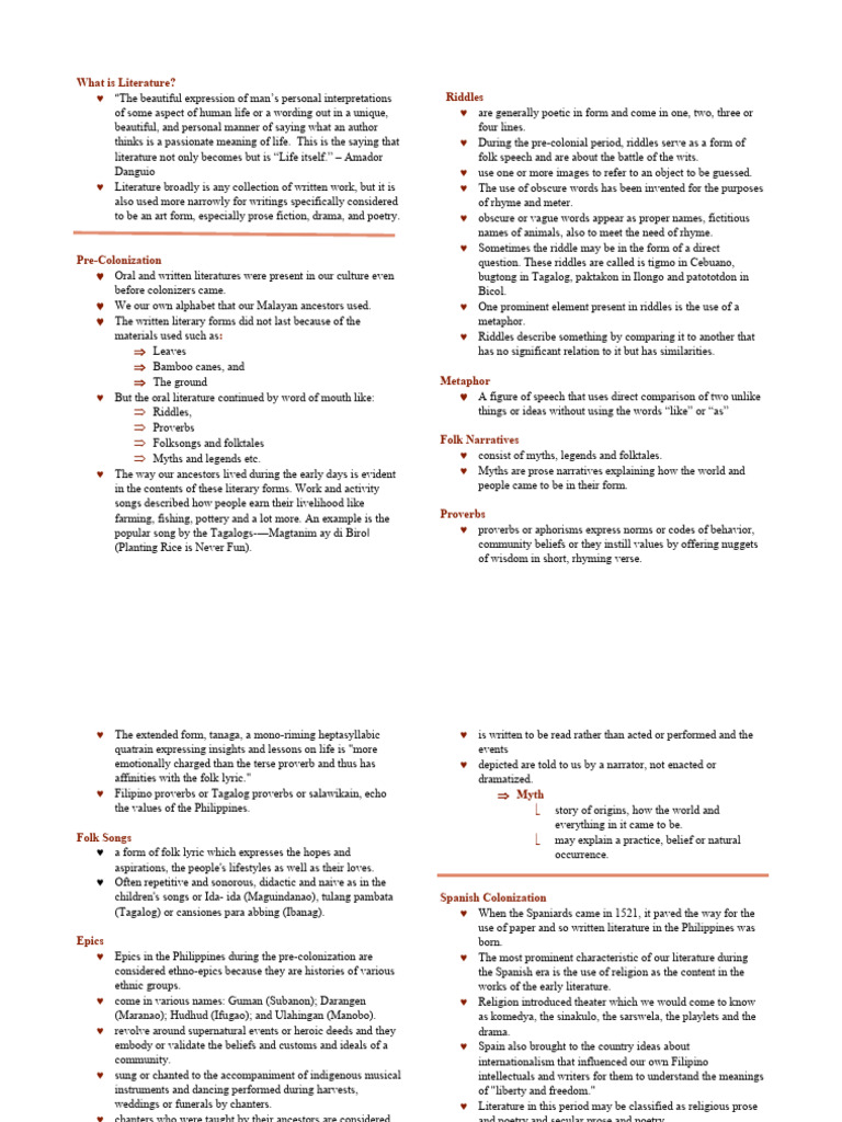 21stLiteratureQuarter1 Reviewer | PDF | Plot (Narrative) | Poetry