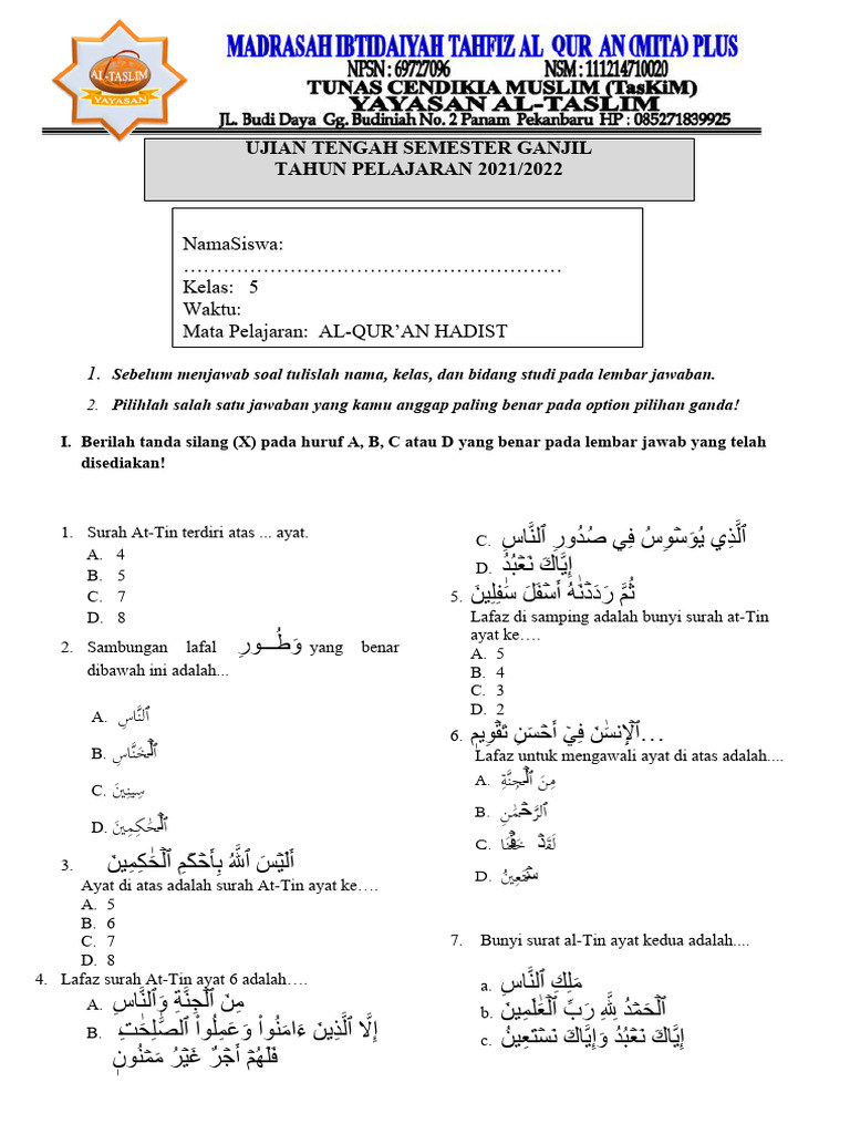 Soal Al-Qur'an Hadis Kelas 5 Semester 2 | PDF