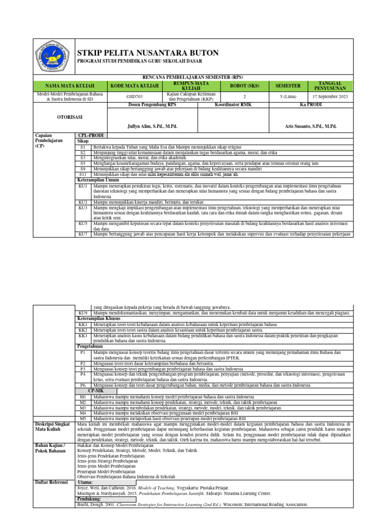 Rps Model-Model Pembelajaran Bsi Di SD | PDF