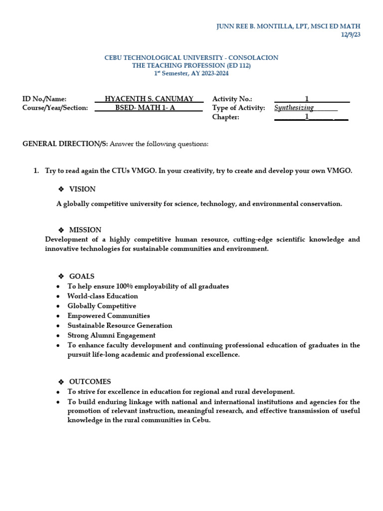 Act. 1 The CTU VMGandObjectives | PDF