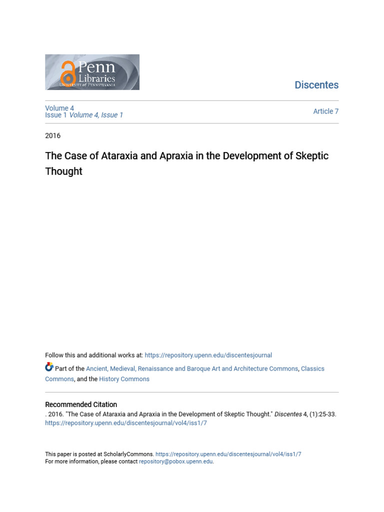The Case of Ataraxia and Apraxia in The Development of Skeptic TH | PDF ...