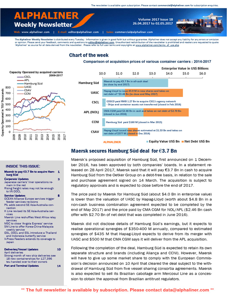 Alphaliner Newsletter No 18 - 2017 | PDF | Shipping | Shipping Companies