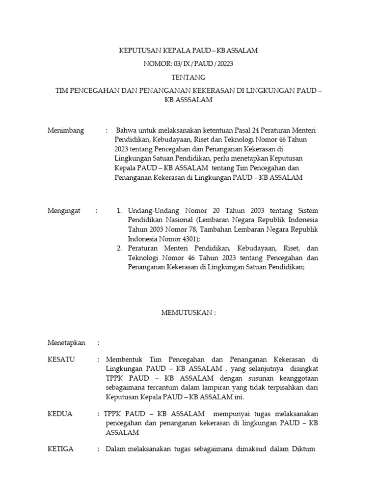SK TPPK Paud Assalam | PDF