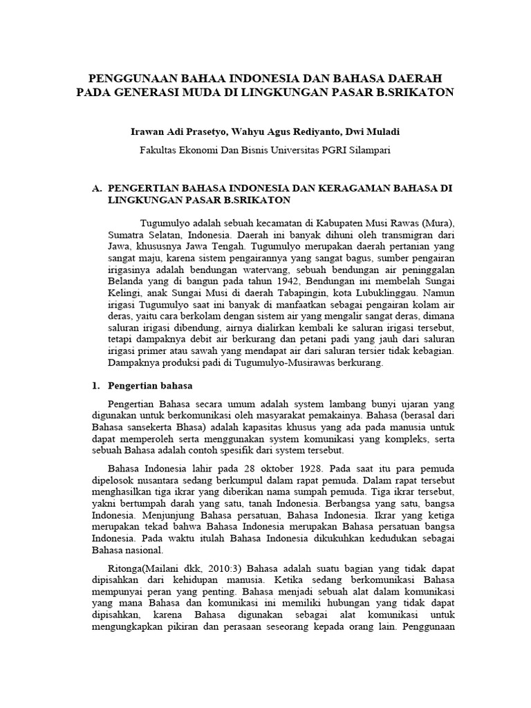 Penggunaan Bahasa Indonesia Dan Bahasa Daerah Pada Generasi Muda Di Lingkungan Pasar B | PDF