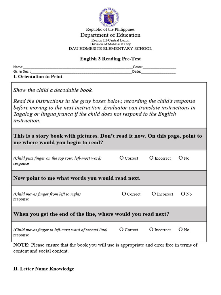 GRADE 3 Pre Test Reading Material EGRA | PDF | Learning | Human ...