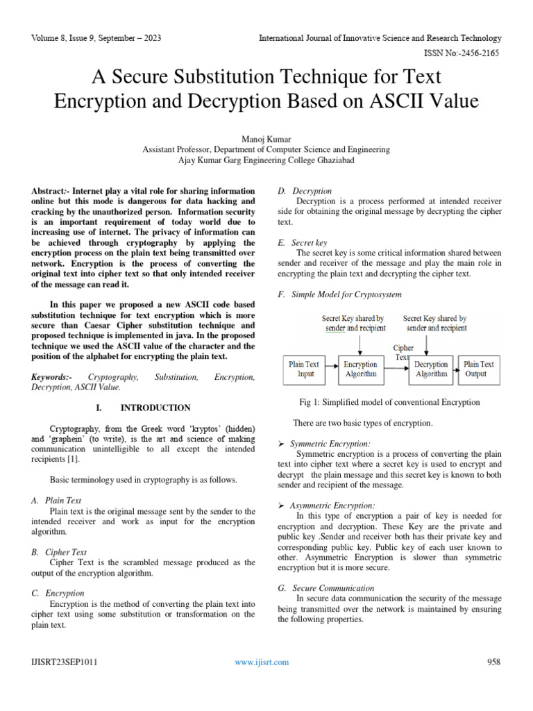 A Secure Substitution Technique For Text Encryption And Decryption Based On Ascii Value Pdf
