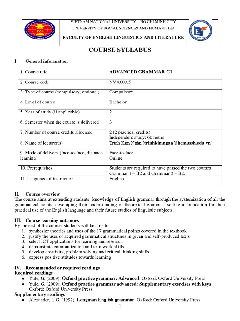 15 Weeks - Syllabus - Advanced Grammar C1 | PDF | Computers