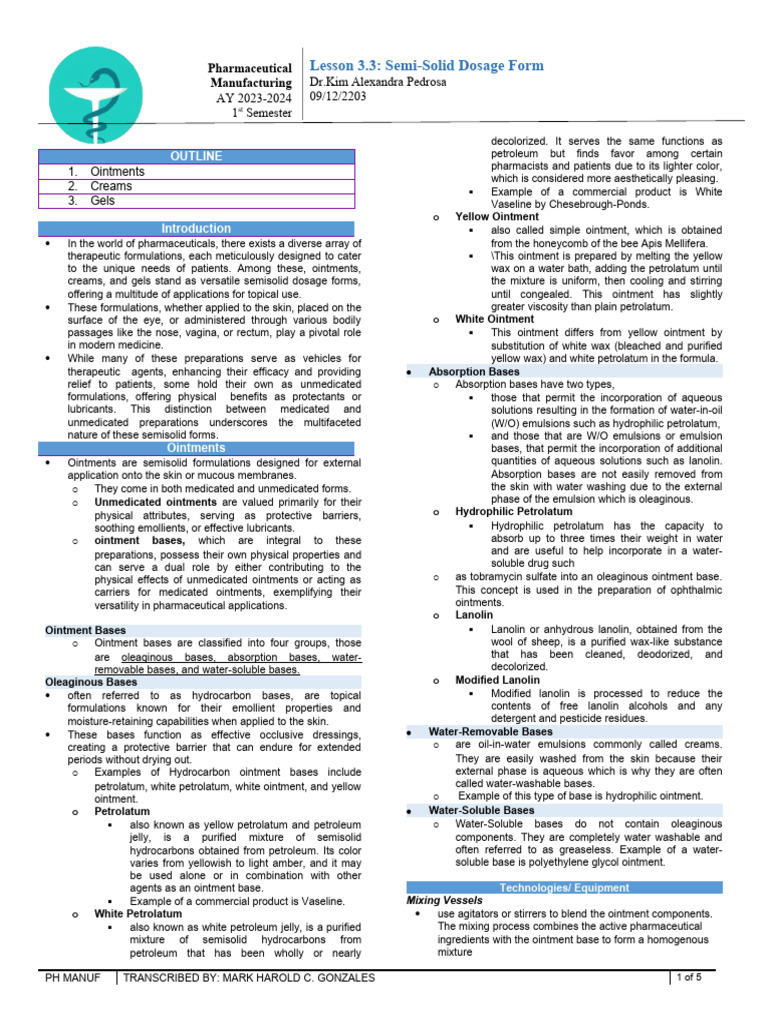 Lesson 3.3 - Semi-Solid Dosage Forms | PDF | Topical Medication | Emulsion